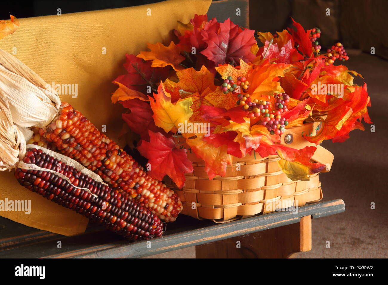 Fall Bench Display with leaves, pumpkins and corn, on the right side ...