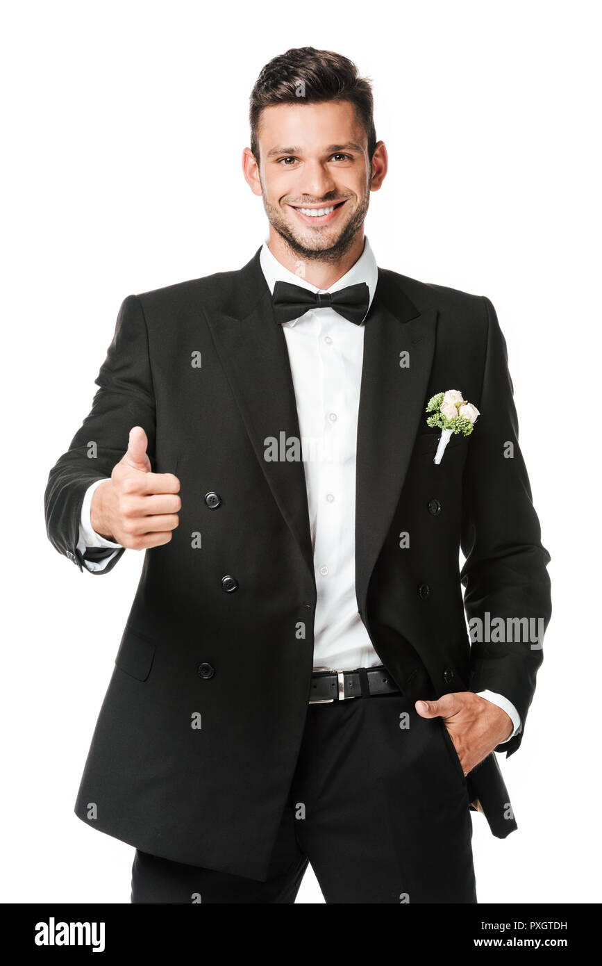 happy young groom showing thumb up at camera isolated on white Stock ...