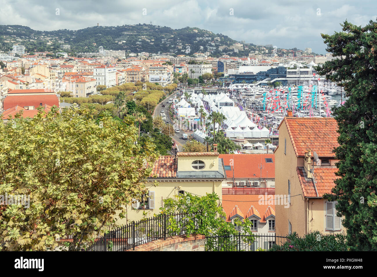 Cannes, France, September 15, 2018: Top view of the port of Cannes in ...