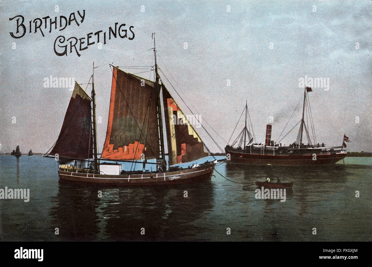 Thames wherry being passed by a steam ferry - Essex, England Stock ...