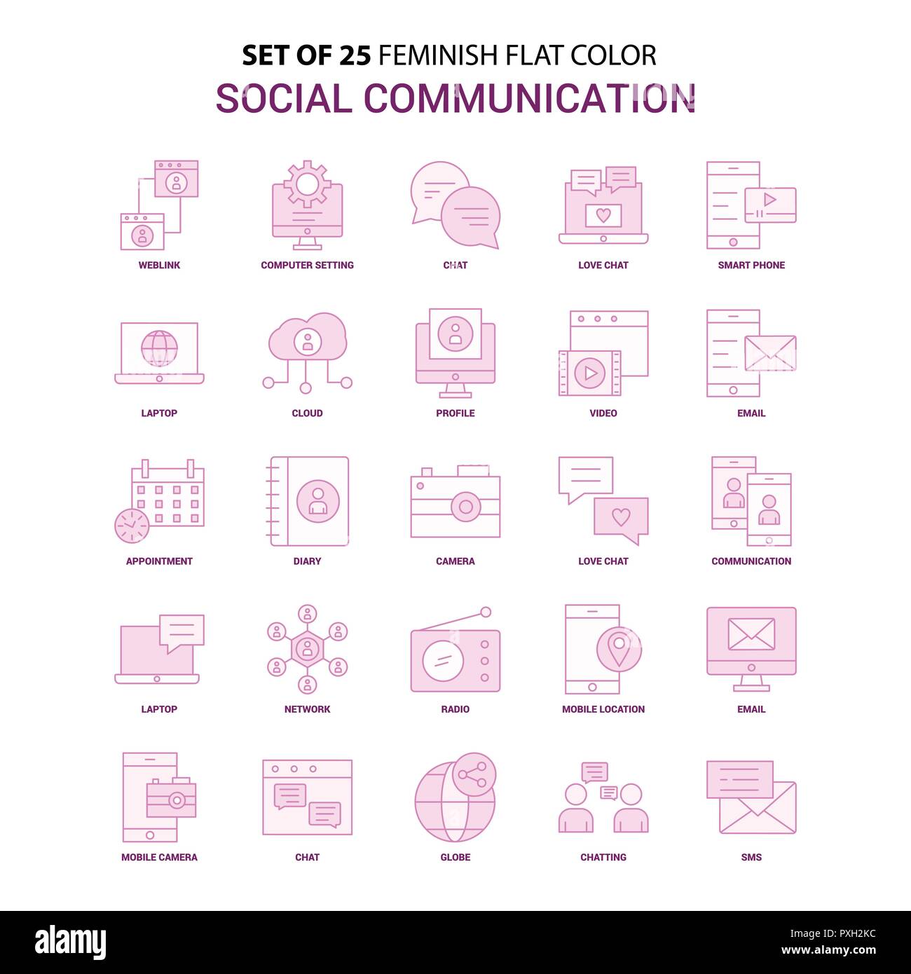 Set of 25 Feminish Social Communication Flat Color Pink Icon set Stock ...