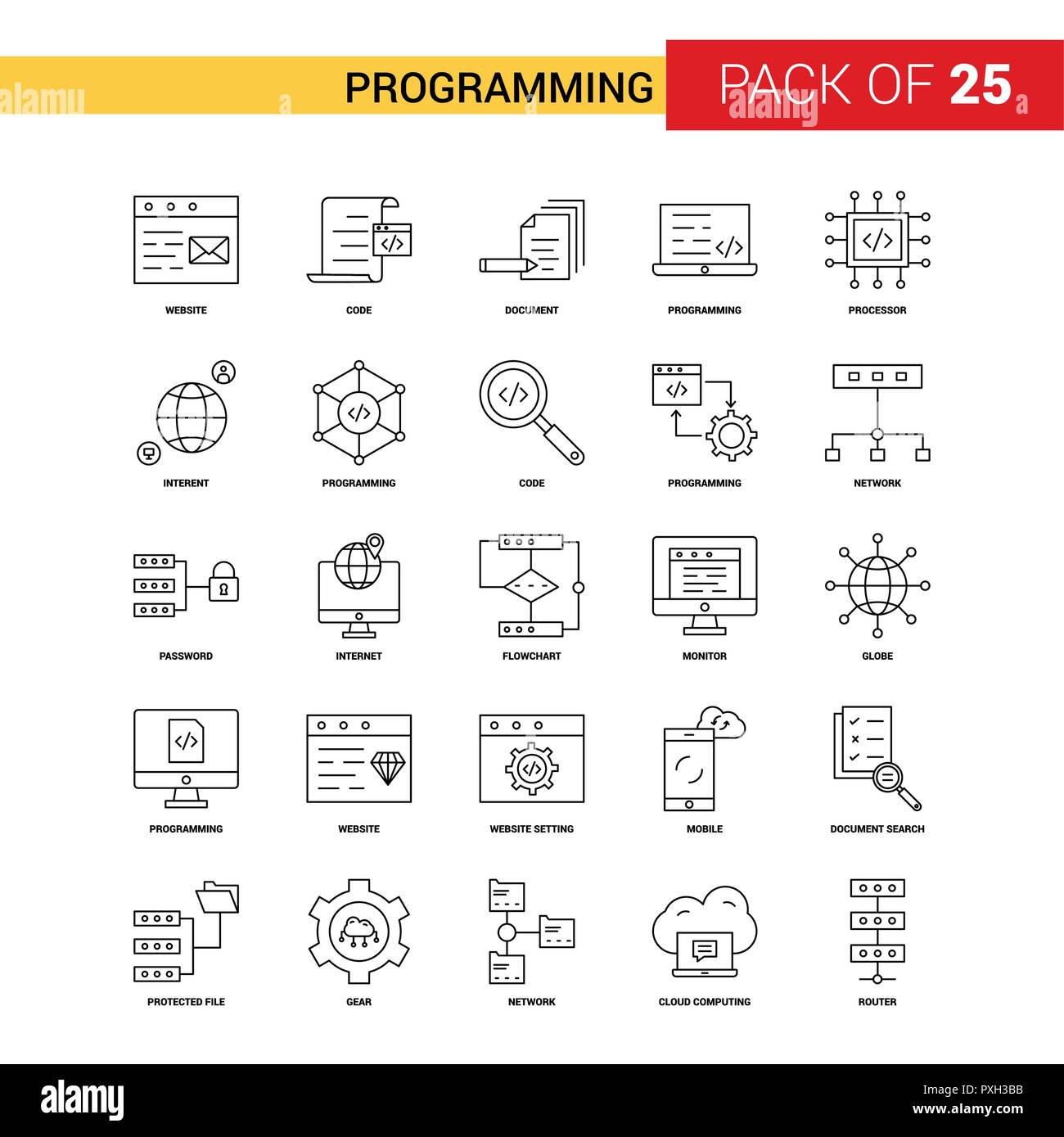 Programming Black Line Icon - 25 Business Outline Icon Set Stock Vector ...