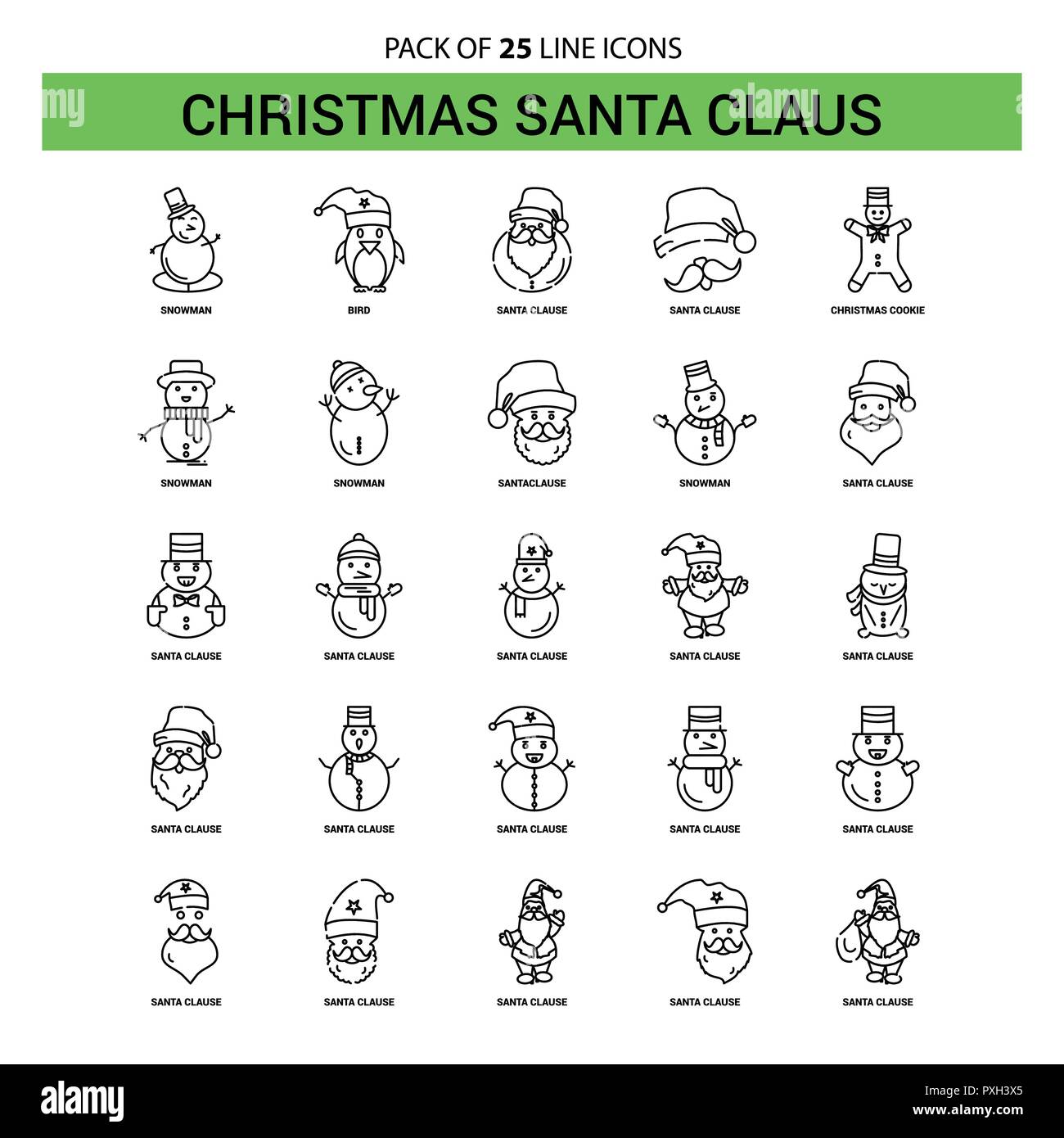 Christmas Santa Clause Line Icon Set - 25 Dashed Outline Style Stock ...