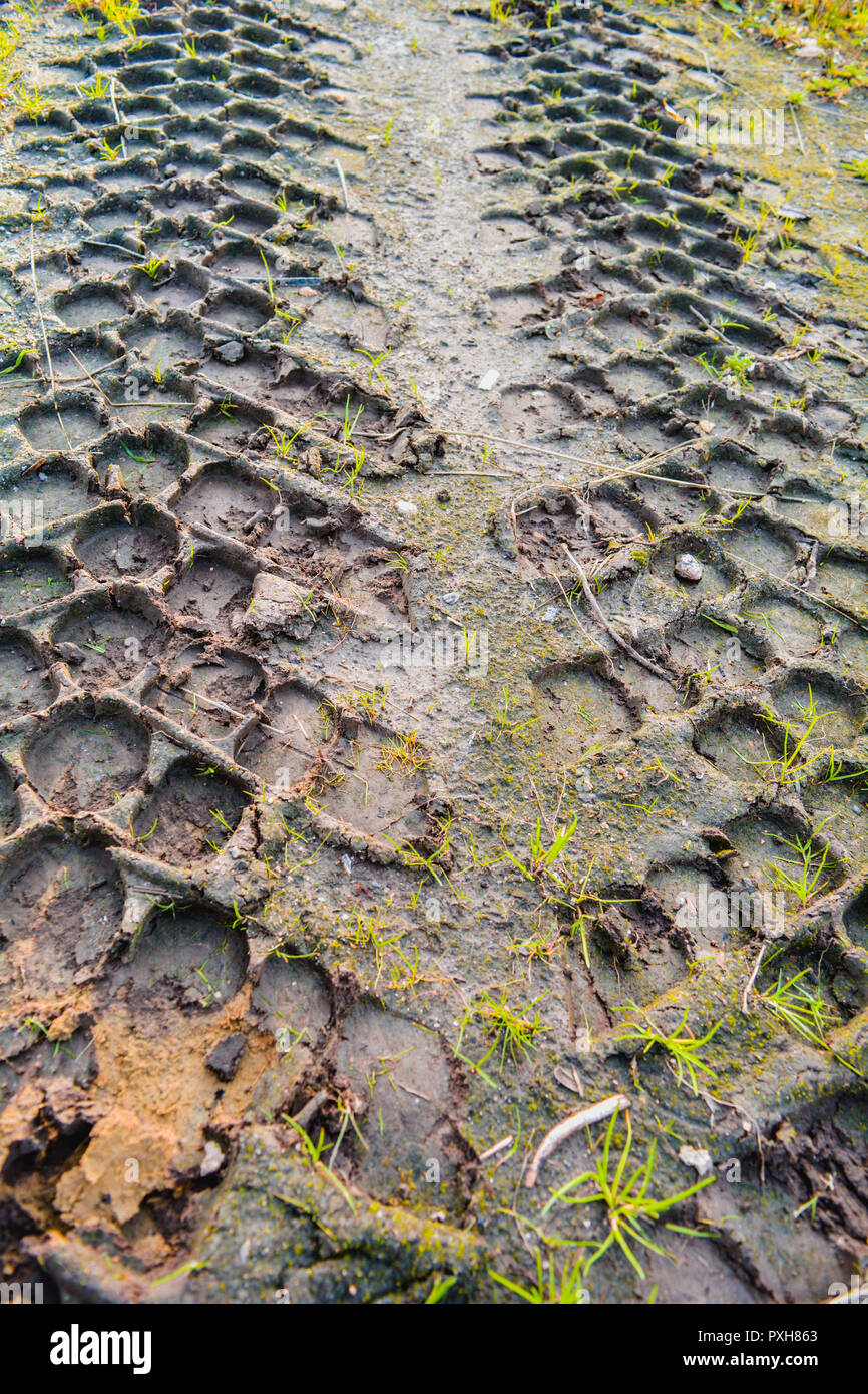 Traces from the tread of car on mud ground. Tire tread on dirt ground ...