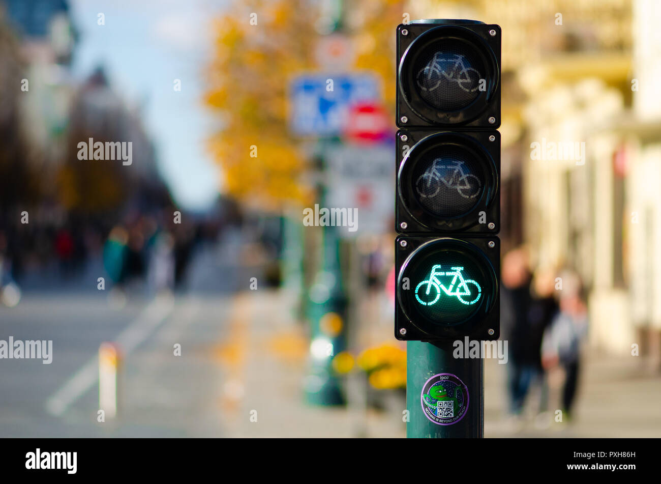 Sustainable transport. Bicycle traffic signal, green light, road bike ...