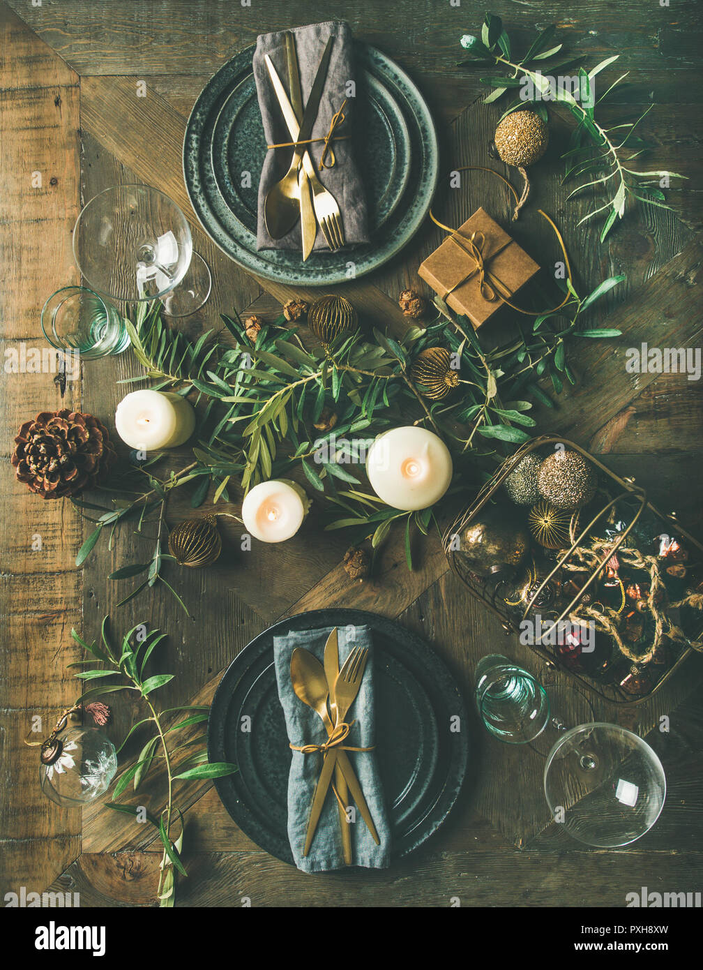 Christmas or New Years celebration party table setting, top view Stock ...