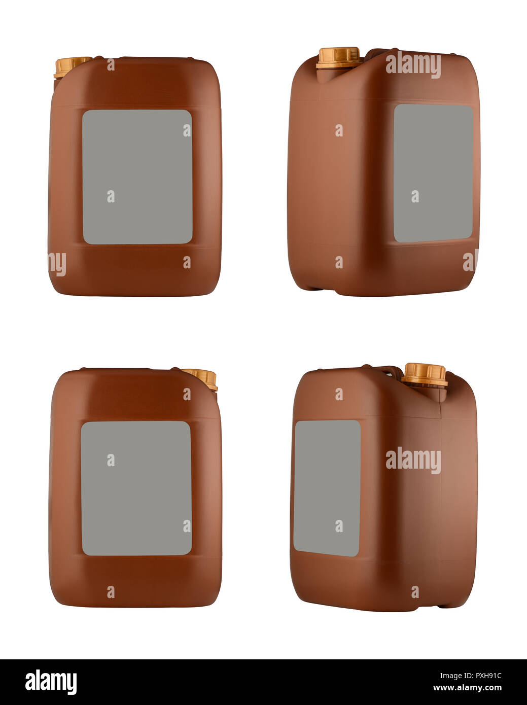 Set of brown plastic canisters of engine oil isolated in different ...