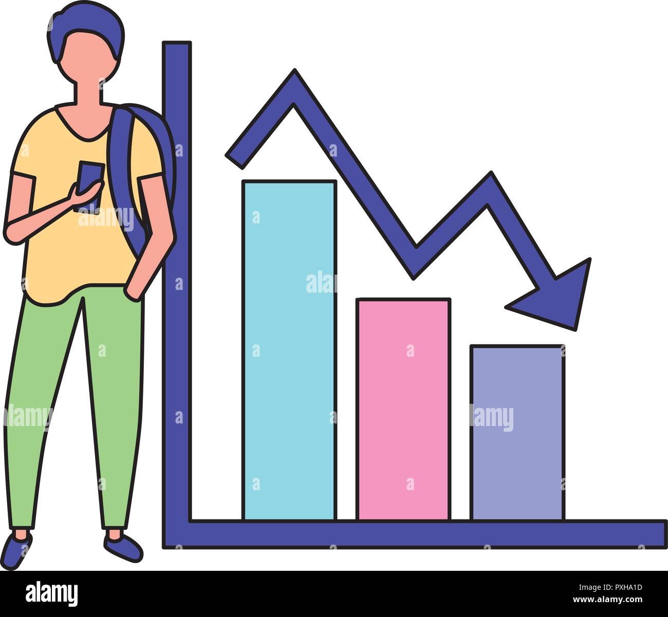 man using mobile statistics chart up arrow vector illustration Stock ...