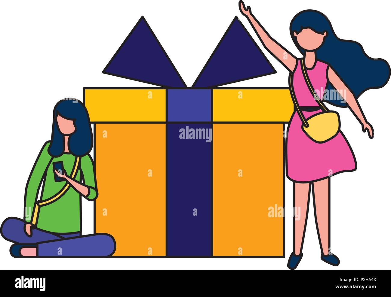 two women with big gift surprise vector illustration Stock Vector Image ...