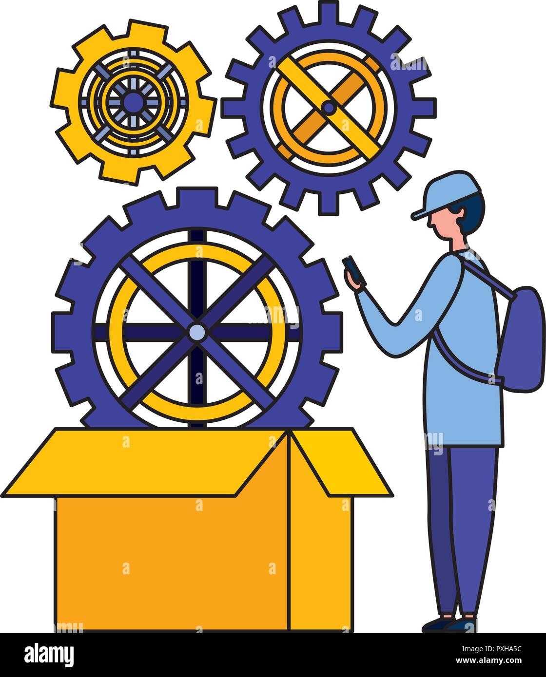 man with mobile gears and cardboard box business vector illustration ...