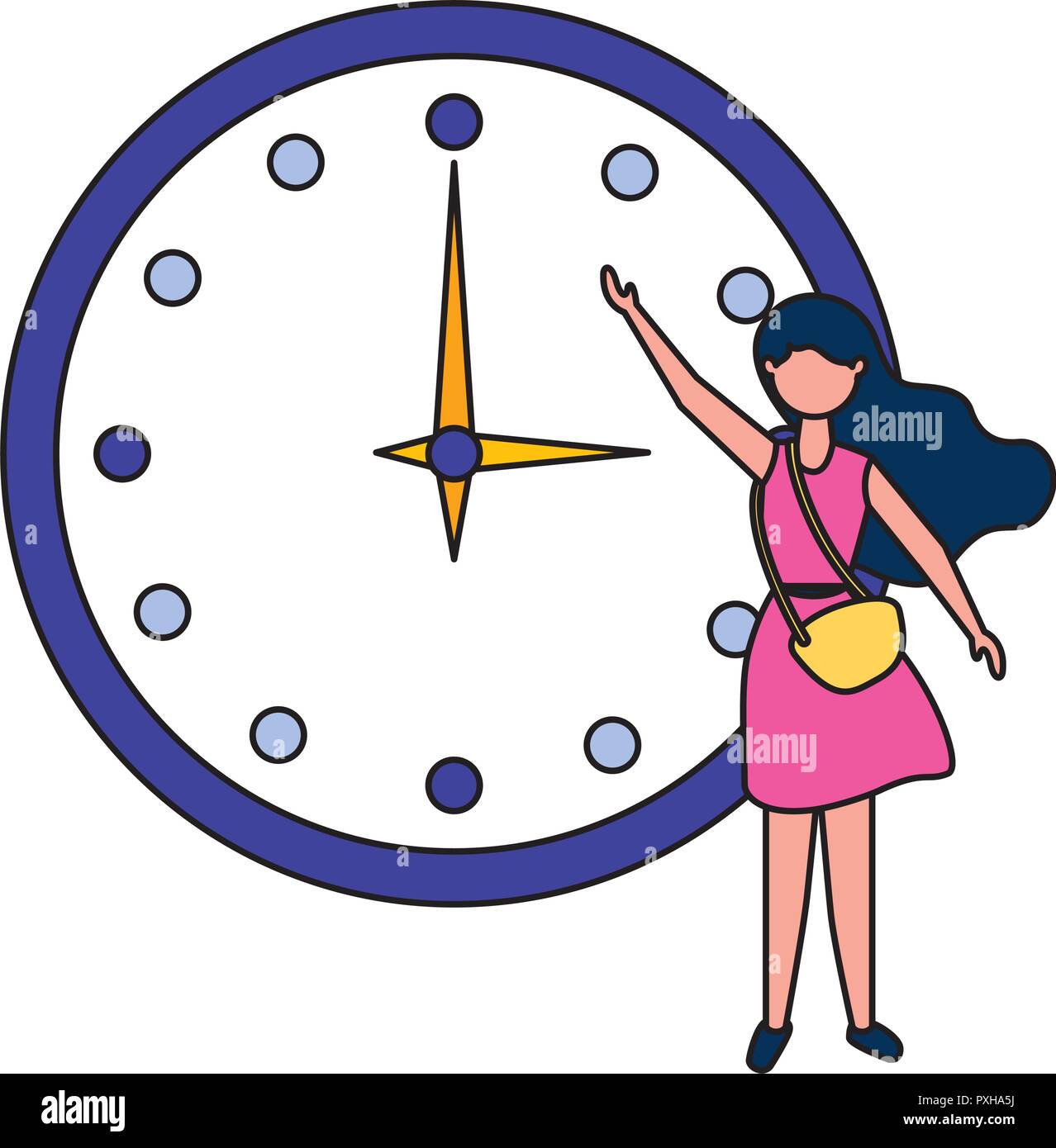 woman showing big round clock vector illustration Stock Vector Image ...