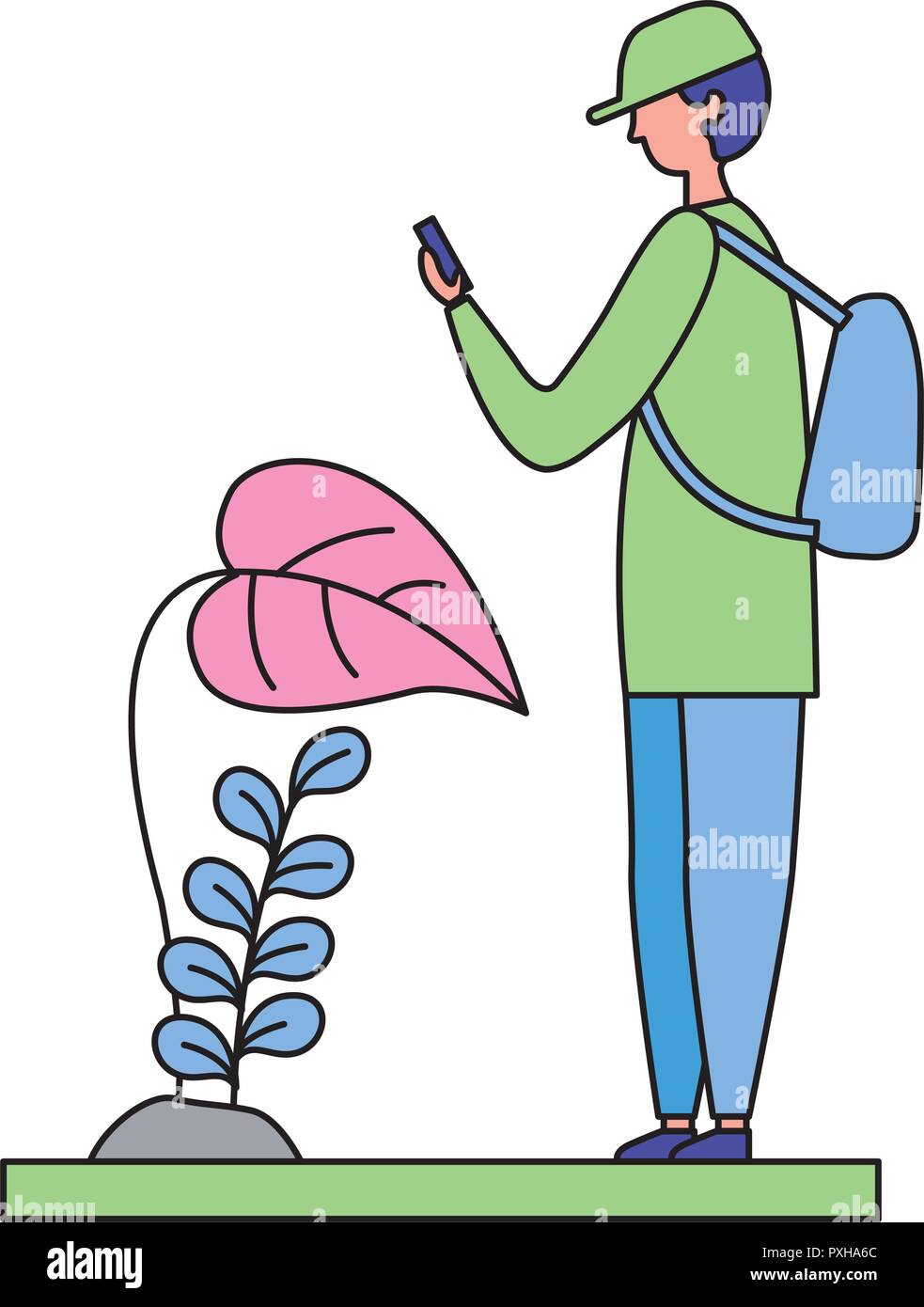 man using mobile natural plant outdoor vector illustration Stock Vector ...