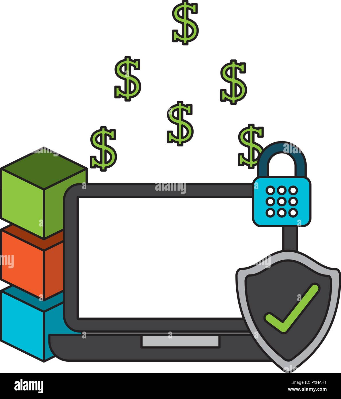 laptop blockchain money security fin tech business vector illustration ...