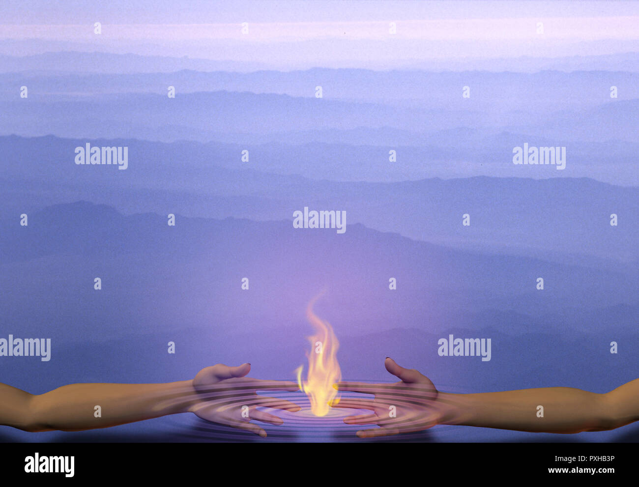 Hands touches fire. Abstract blue background Stock Photo - Alamy