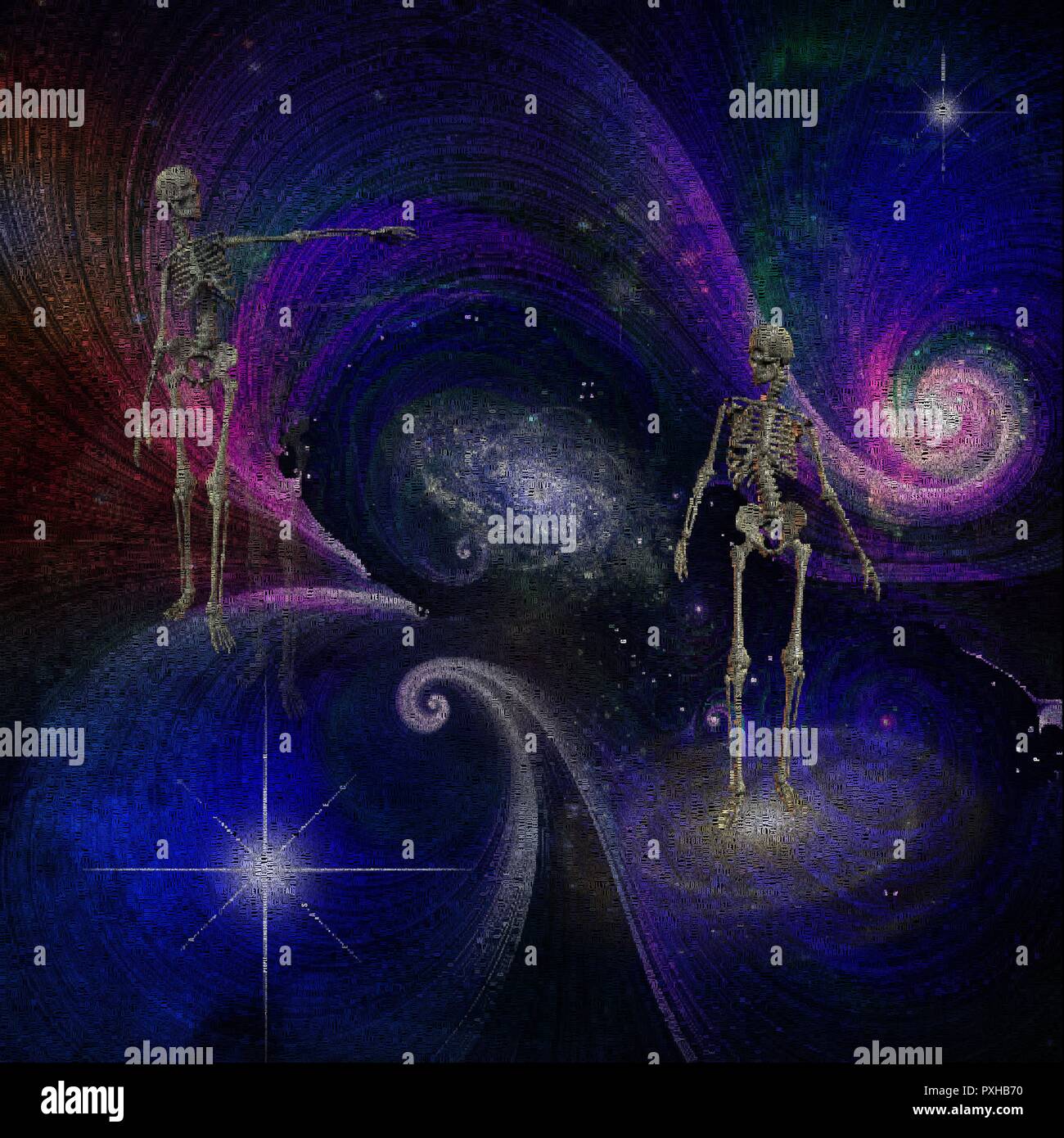 Surrealism. Two skeleton in space. Image composed entirely of words ...