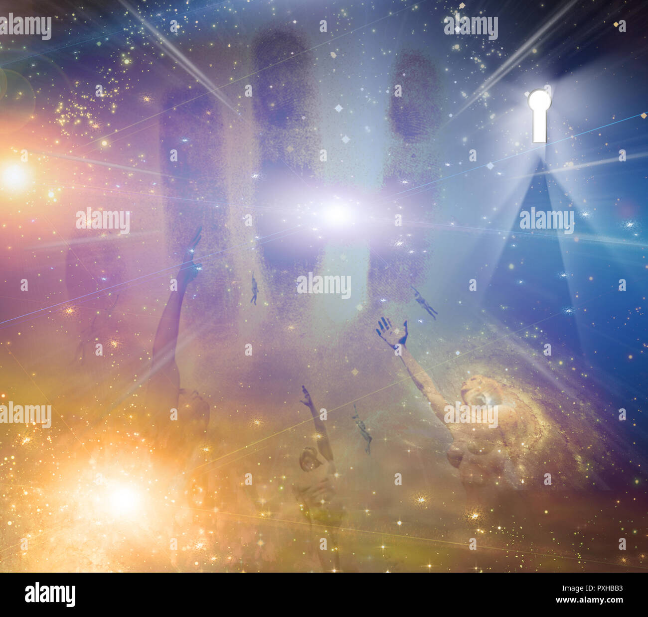 Journeys Soul. People ascends to the stars. Keyhole radiates bright ...