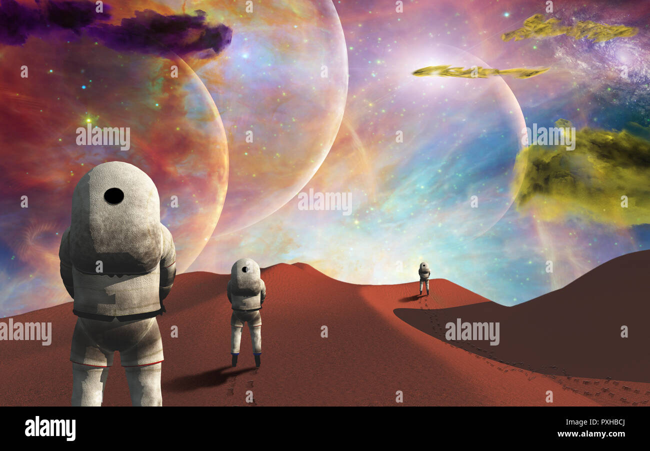 Space journey. Astronauts on another planet. Vivid Universe Stock Photo ...
