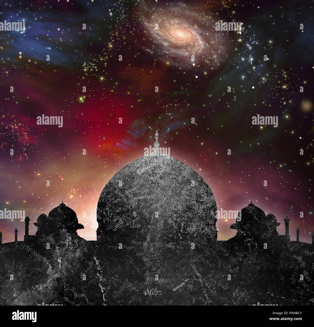 Temple in eastern style. Universe with galaxies on a background Stock ...