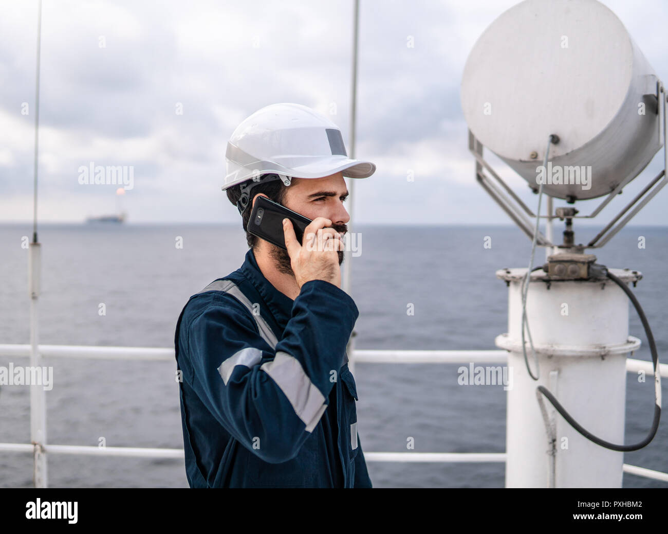Marine Deck Officer or Chief mate on deck of vessel or ship Stock Photo ...
