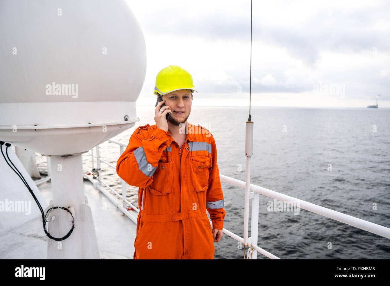 Marine Deck Officer or Chief mate on deck of vessel or ship Stock Photo ...