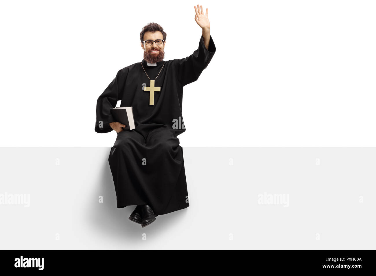 Priest sitting on a panel and waving isolated on white background Stock ...