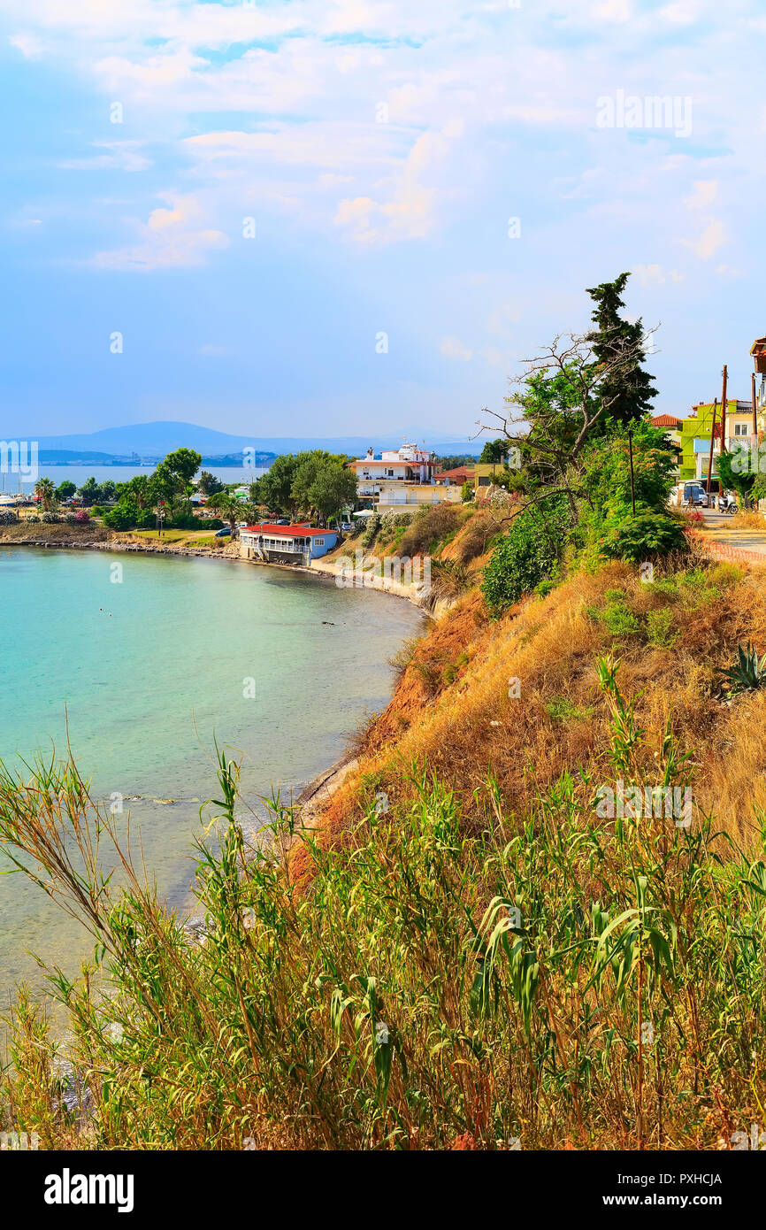 turquoise sea bay and old port of Nea Potidea or Nea Poteidea in ...