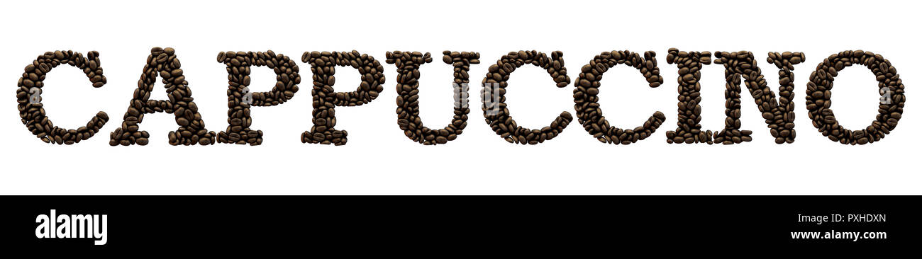 Cappuccino word made from coffee bean font. 3D Rendering Stock Photo ...