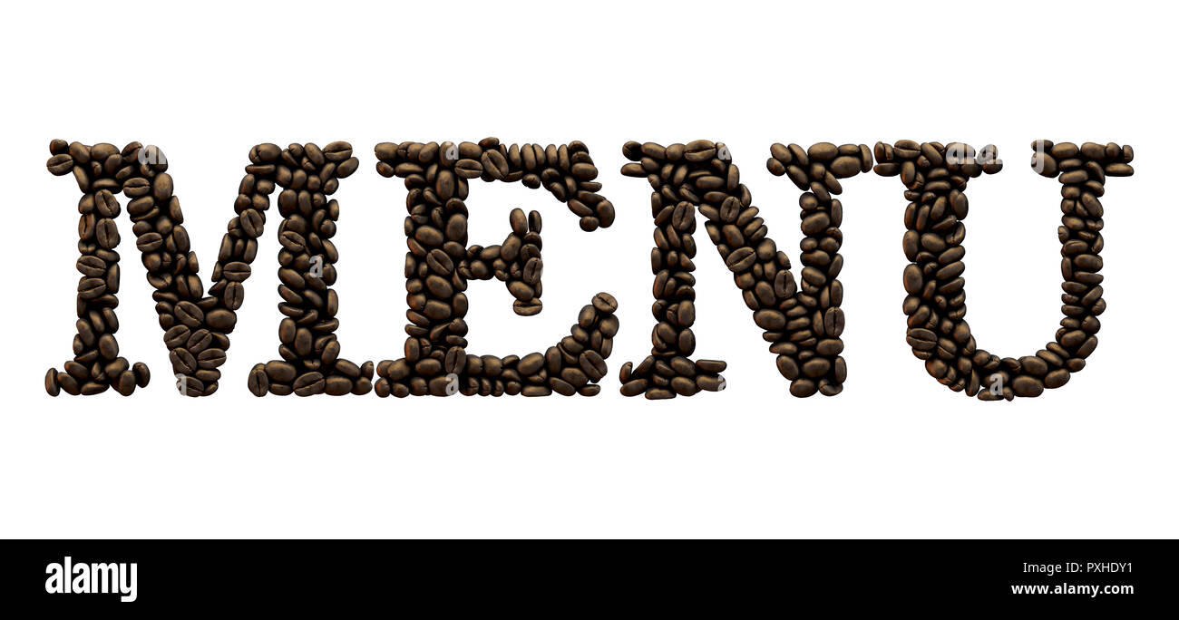Menu word made from coffee bean font. 3D Rendering Stock Photo - Alamy