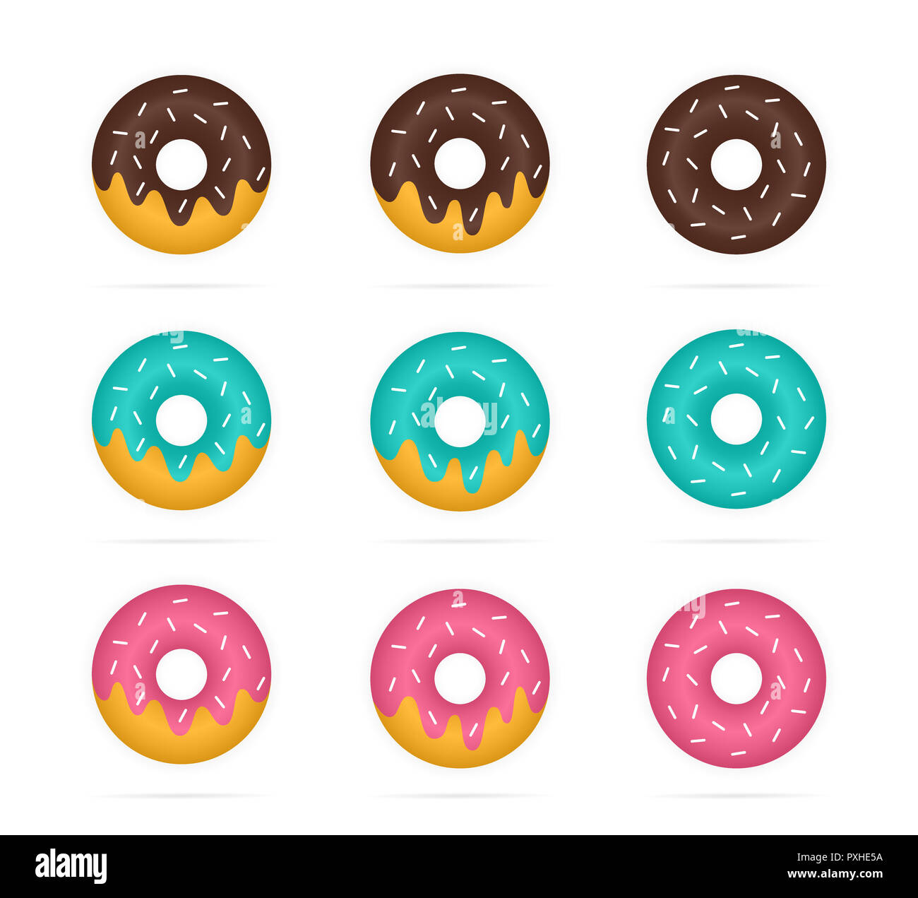 Set of colored donuts in realistic style. Pink, turquoise, brown ...