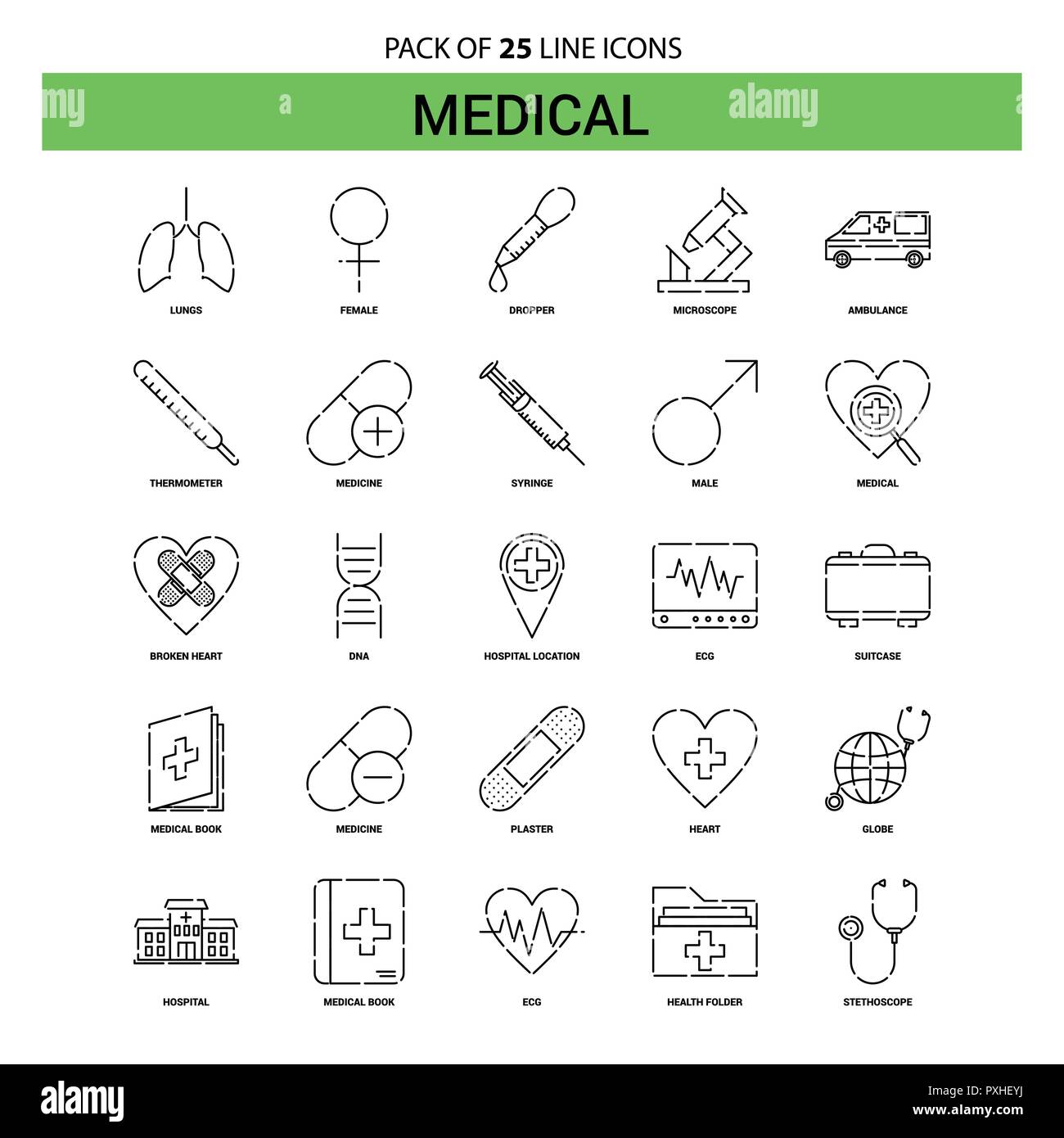 Medical Line Icon Set 25 Dashed Outline Style Stock Vector Image
