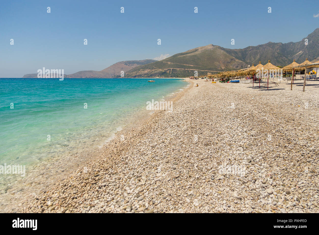 Borsh, Albania- 29 June 2014: Sunbathers on the beach in Borsh resort ...