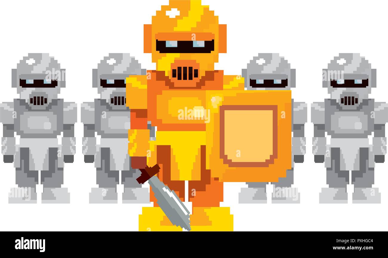 robots with shield pixel video game vector illustration Stock Vector ...