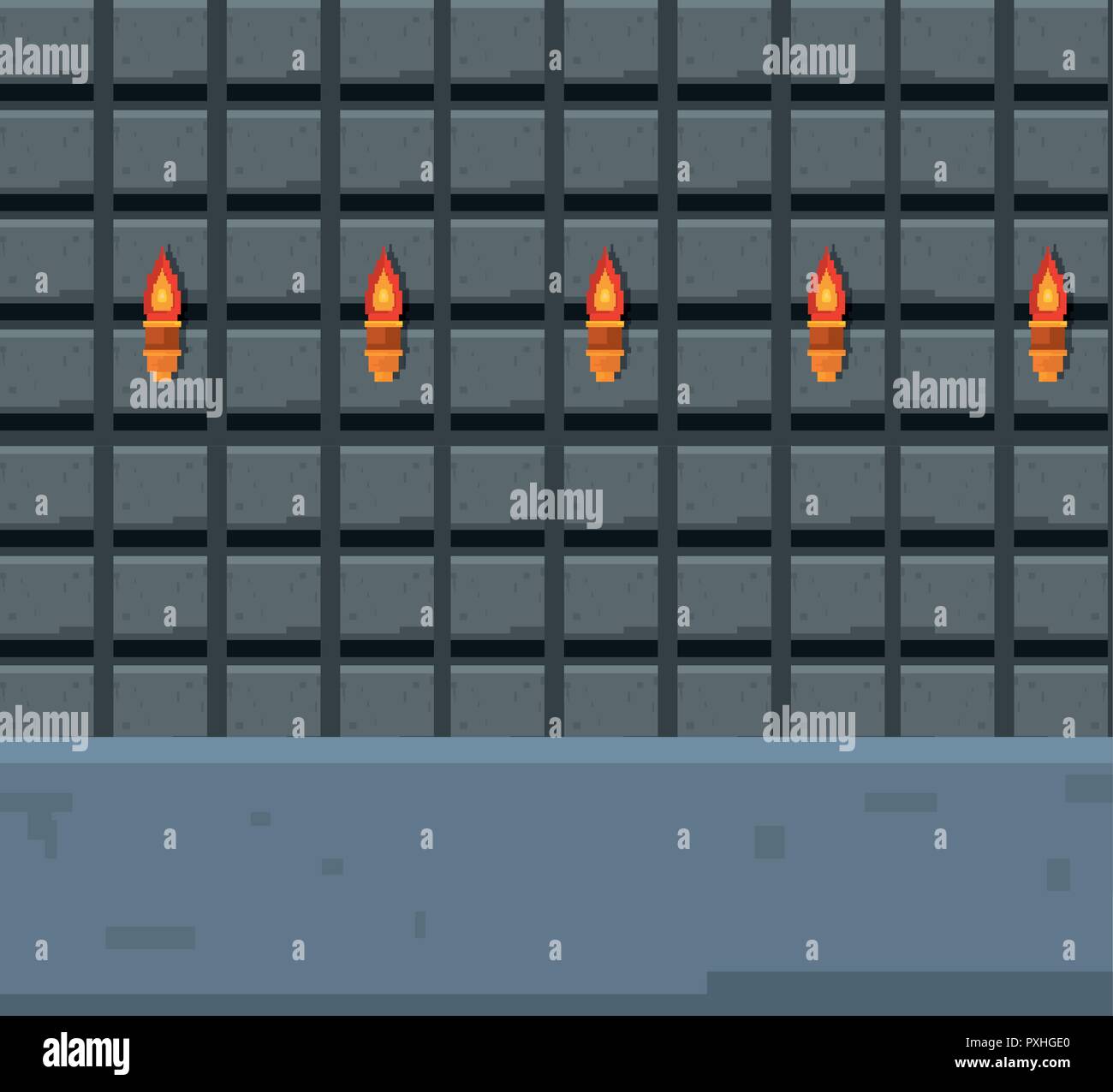 wall with torchs flame pixel video game vector illustration Stock ...