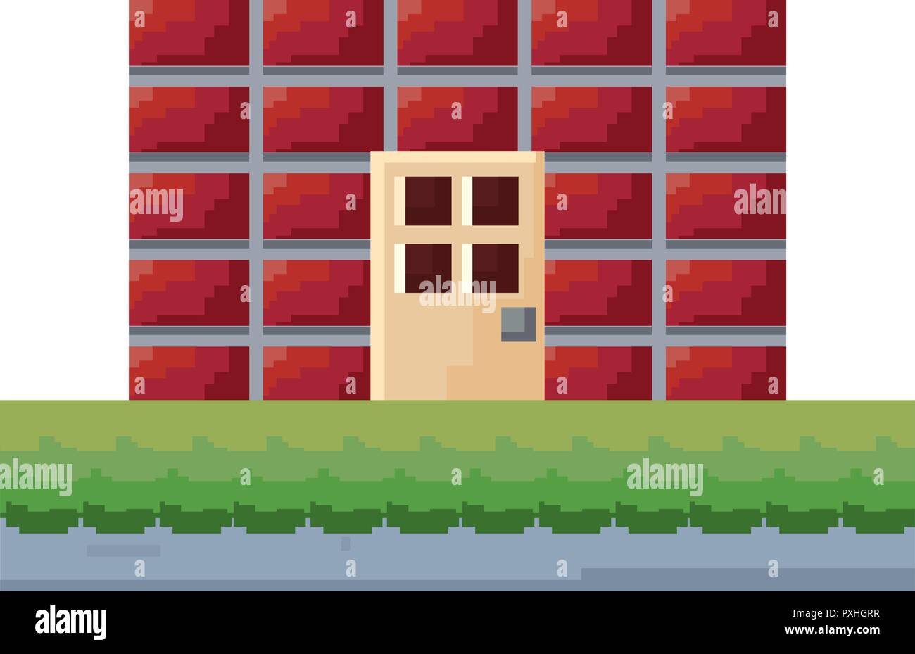 brick wall facade door pixel video game vector illustration Stock ...
