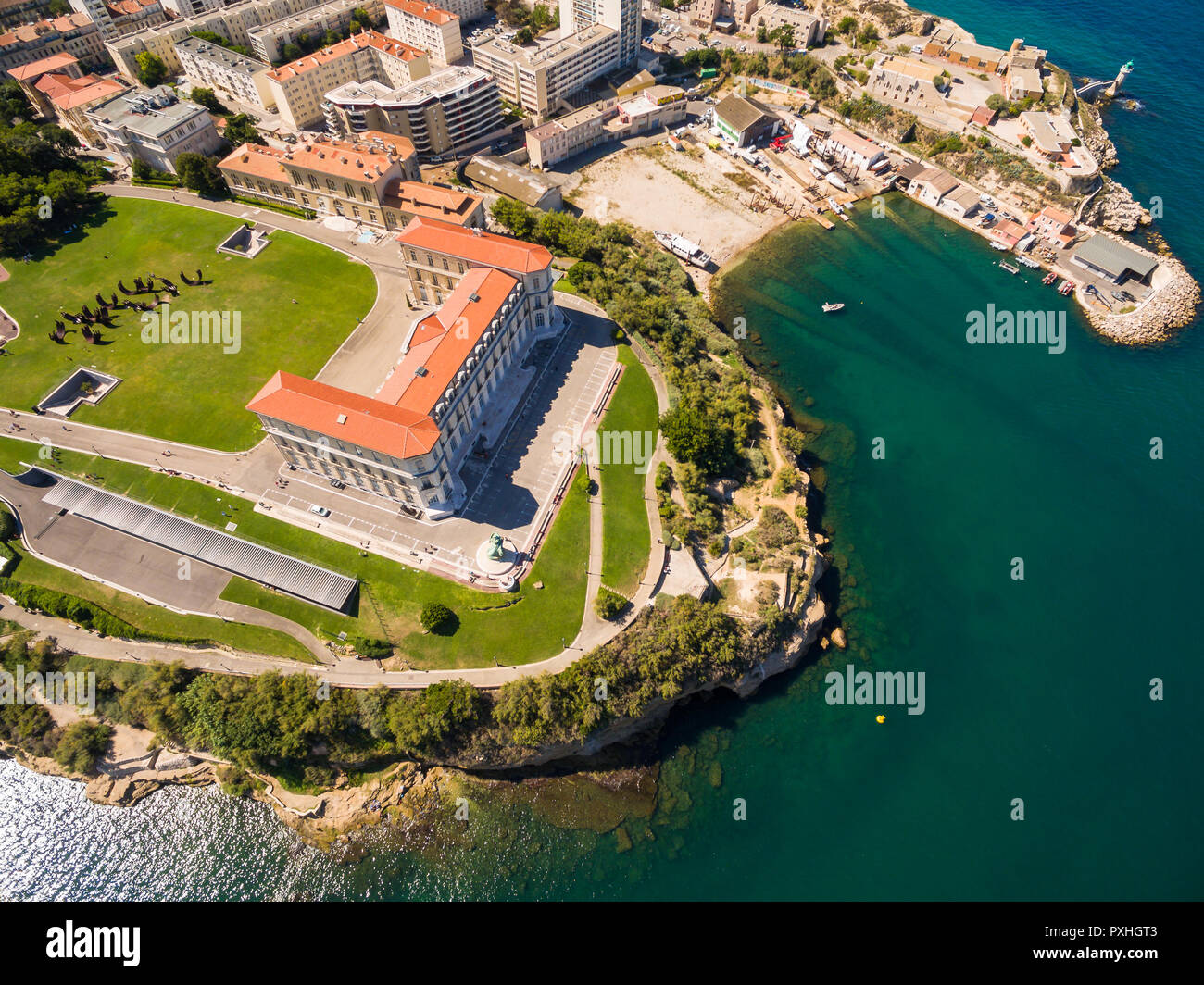 Aerial view of Marseille pier - Vieux Port, Saint Jean castle, and ...