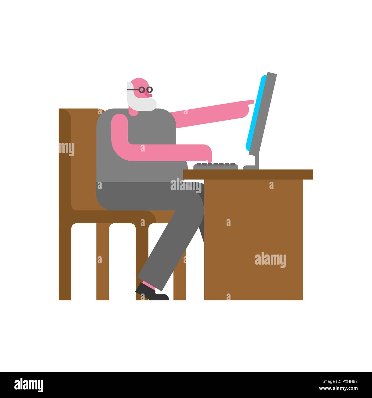 Grandfather Works on computer. Old man and PC. Pensioner Laptop. Vector ...