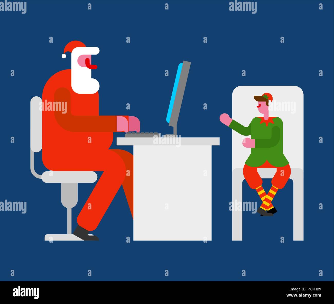 Santa working at computer. Christmas grandfather and pc. Elf santa ...