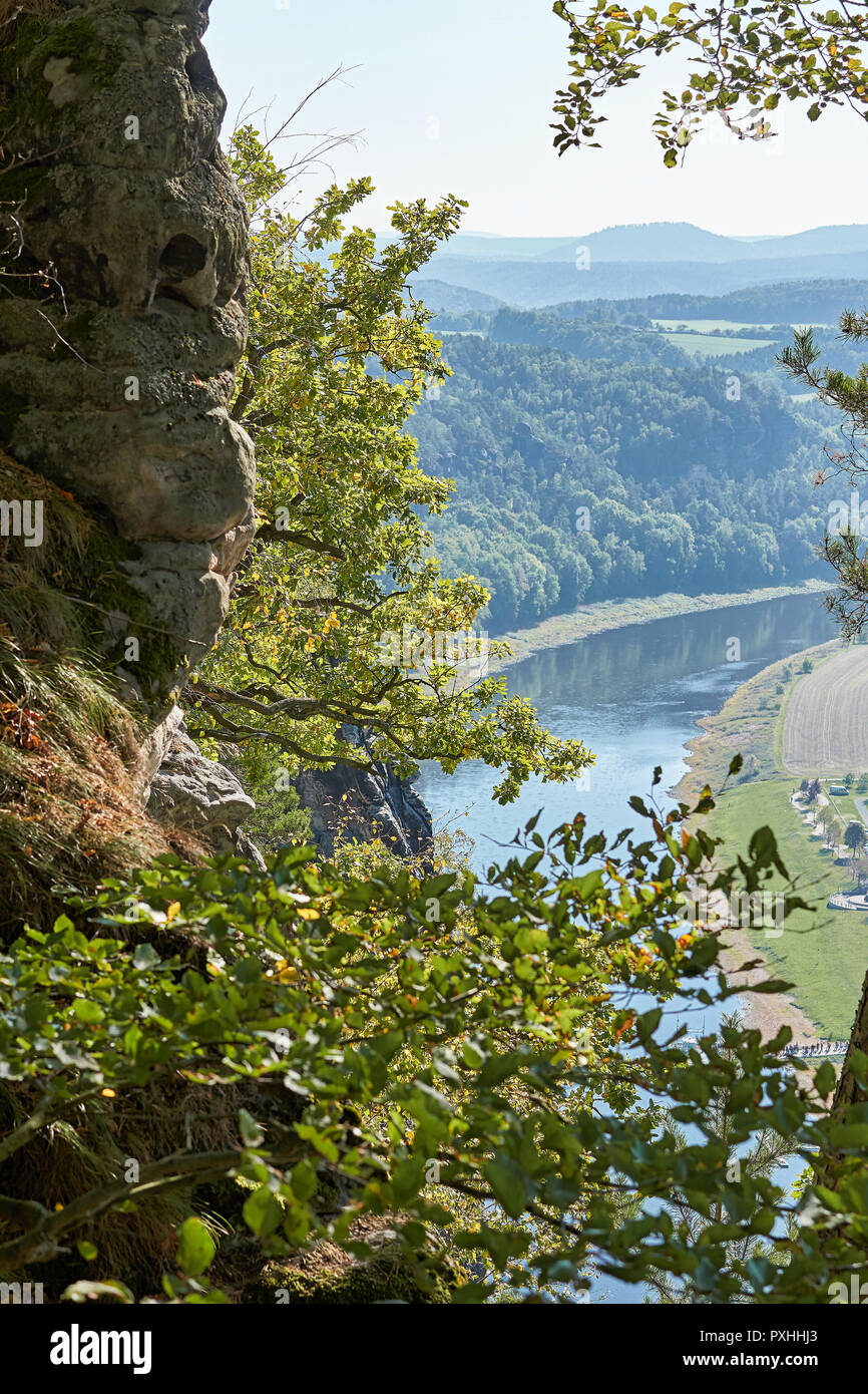 View from the Elbe Sandstone Mountains in the valley of the River Elbe ...