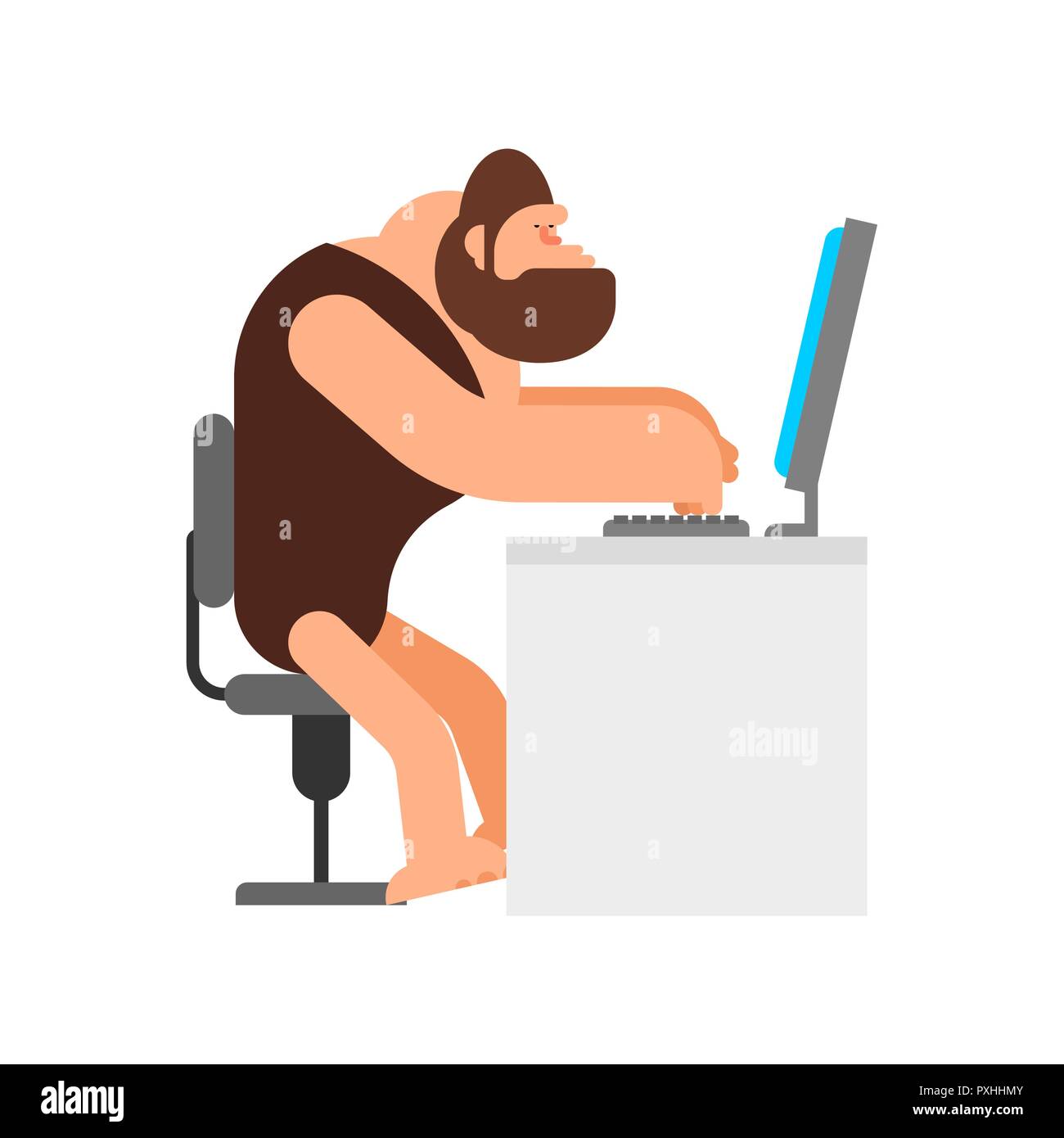 Caveman and computer. Prehistoric man and PC. ancient laptop Stock ...