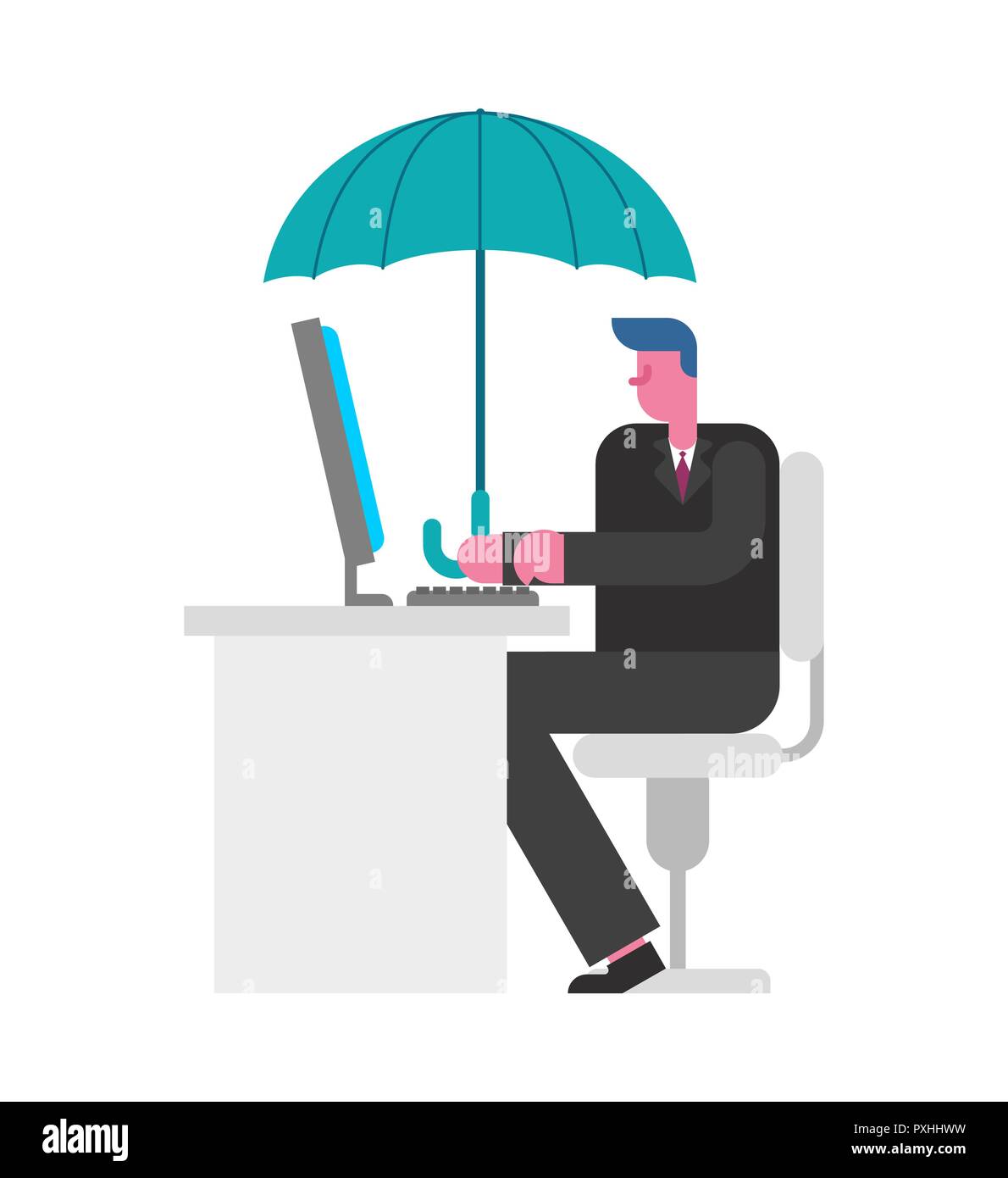 Umbrella over businessman working at computer. Security boss ...