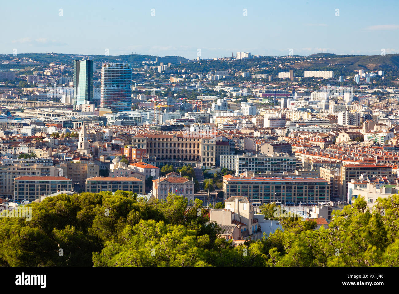 Aerial view of Marseille city from Notre dame de la garde cathedral ...