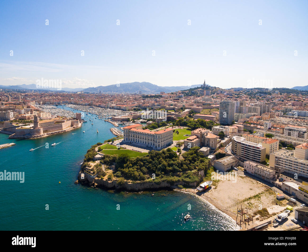 Aerial view of Marseille pier - Vieux Port, Saint Jean castle, and ...