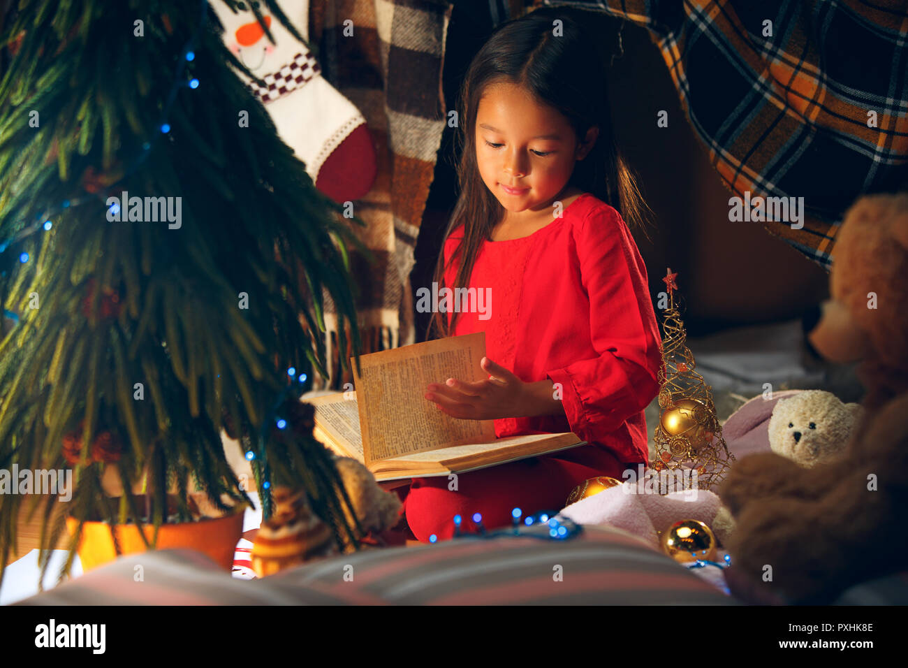 Merry Christmas and Happy Holidays. The happy girl reading a book in ...