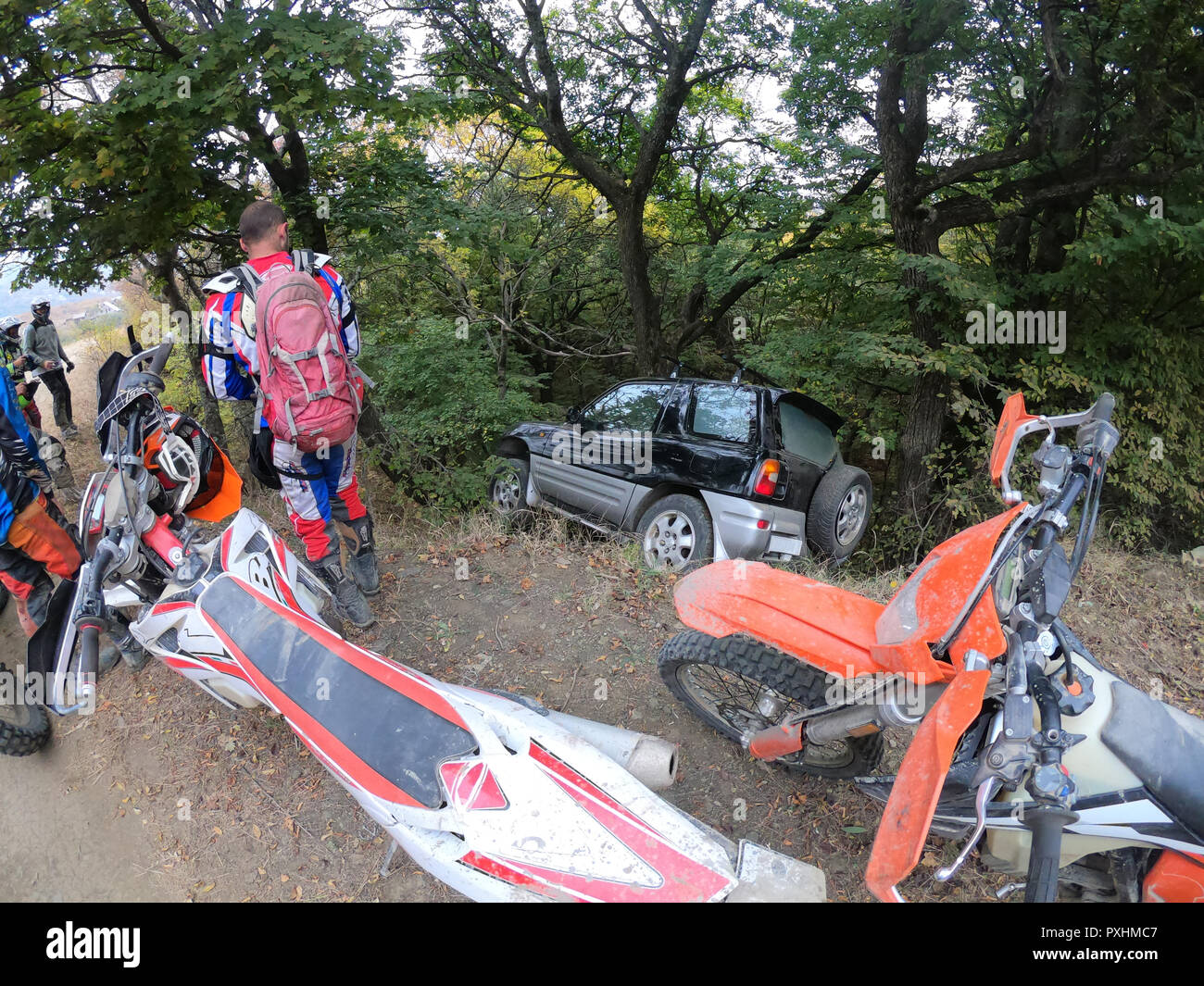 The SUV car crashed off the road in Georgian mountains Stock Photo - Alamy