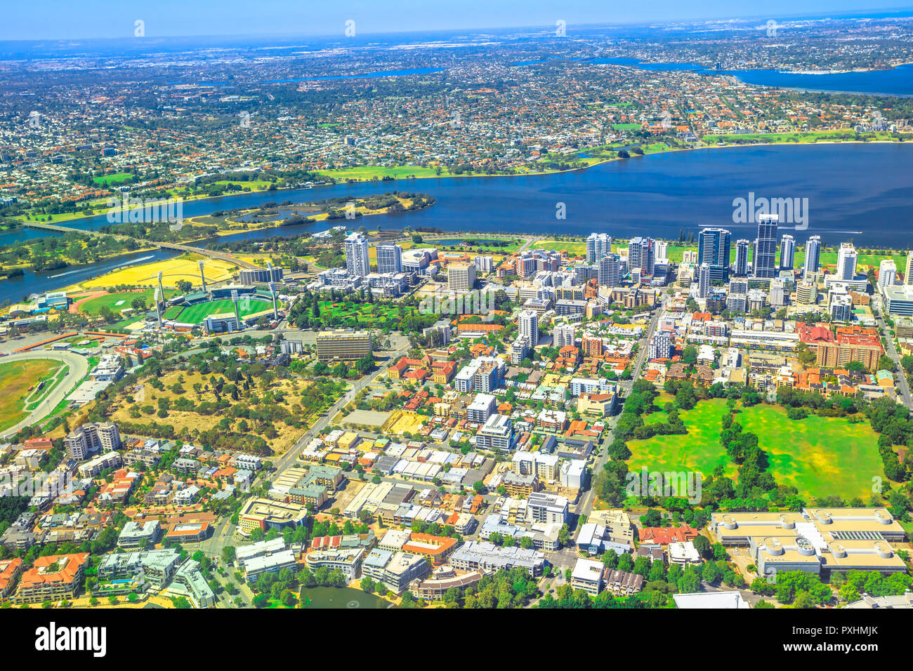 Aerial view of Perth Skyline and Heirisson Island in Australia. Scenic ...