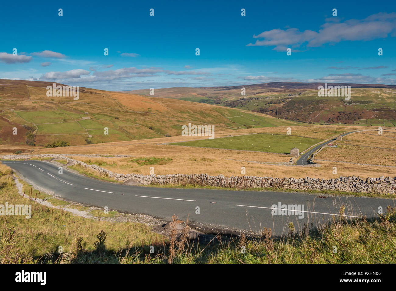 Yorkshire Dales National Park autumn landscape, down into Swaledale on ...