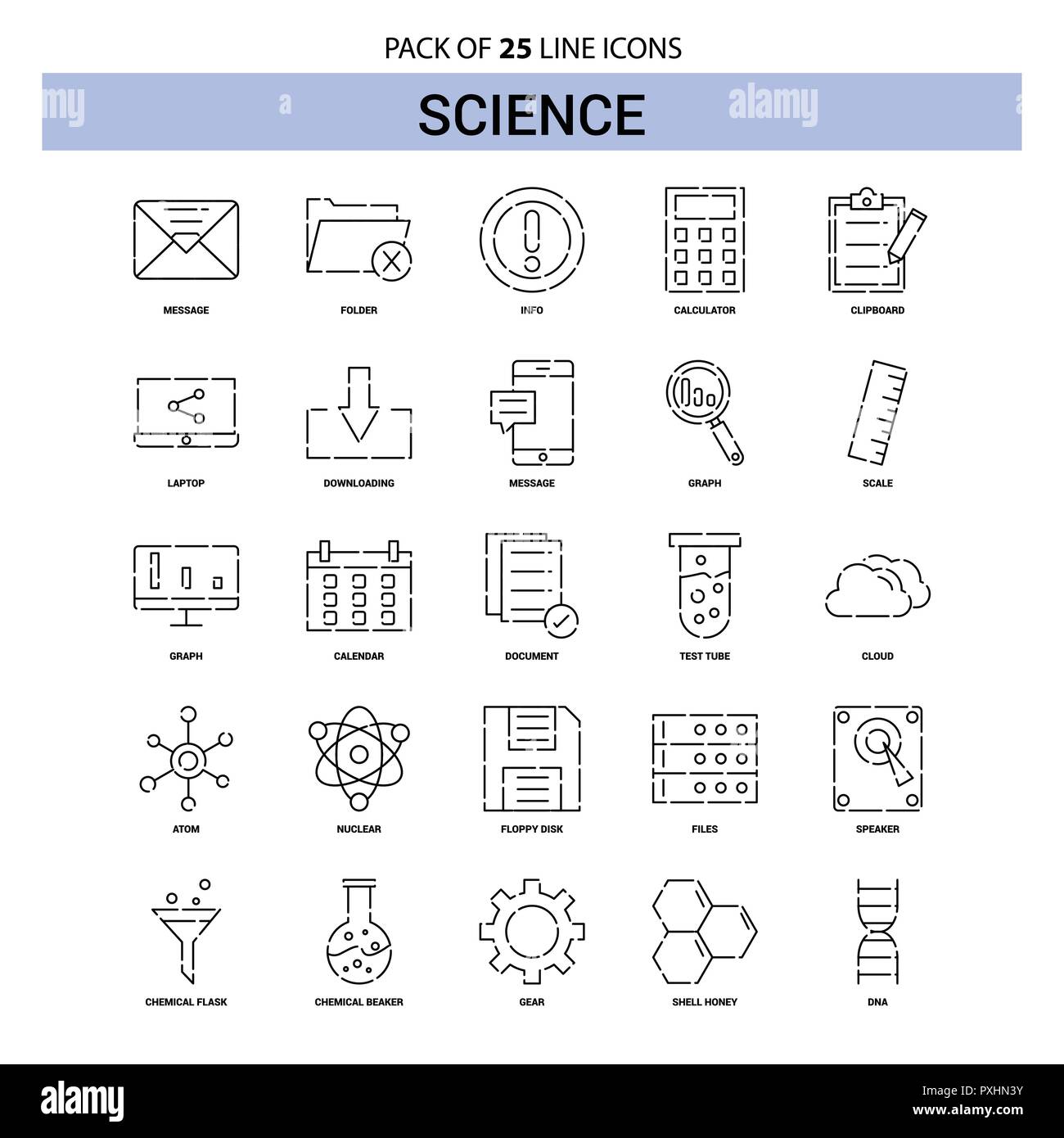 Science Line Icon Set - 25 Dashed Outline Style Stock Vector Image ...
