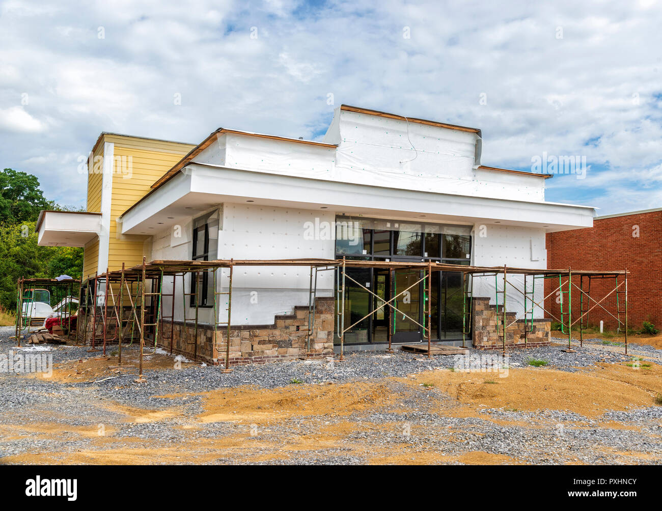Horizontal shot of fast food restaurant under construction. Slightly ...