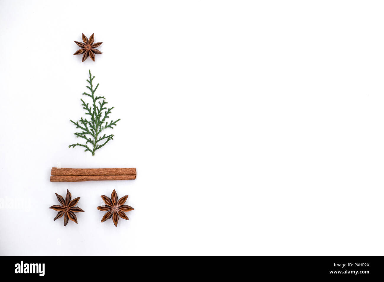 Evergreen with anise and cinnamon spices christmas tree shape. Flat lay ...