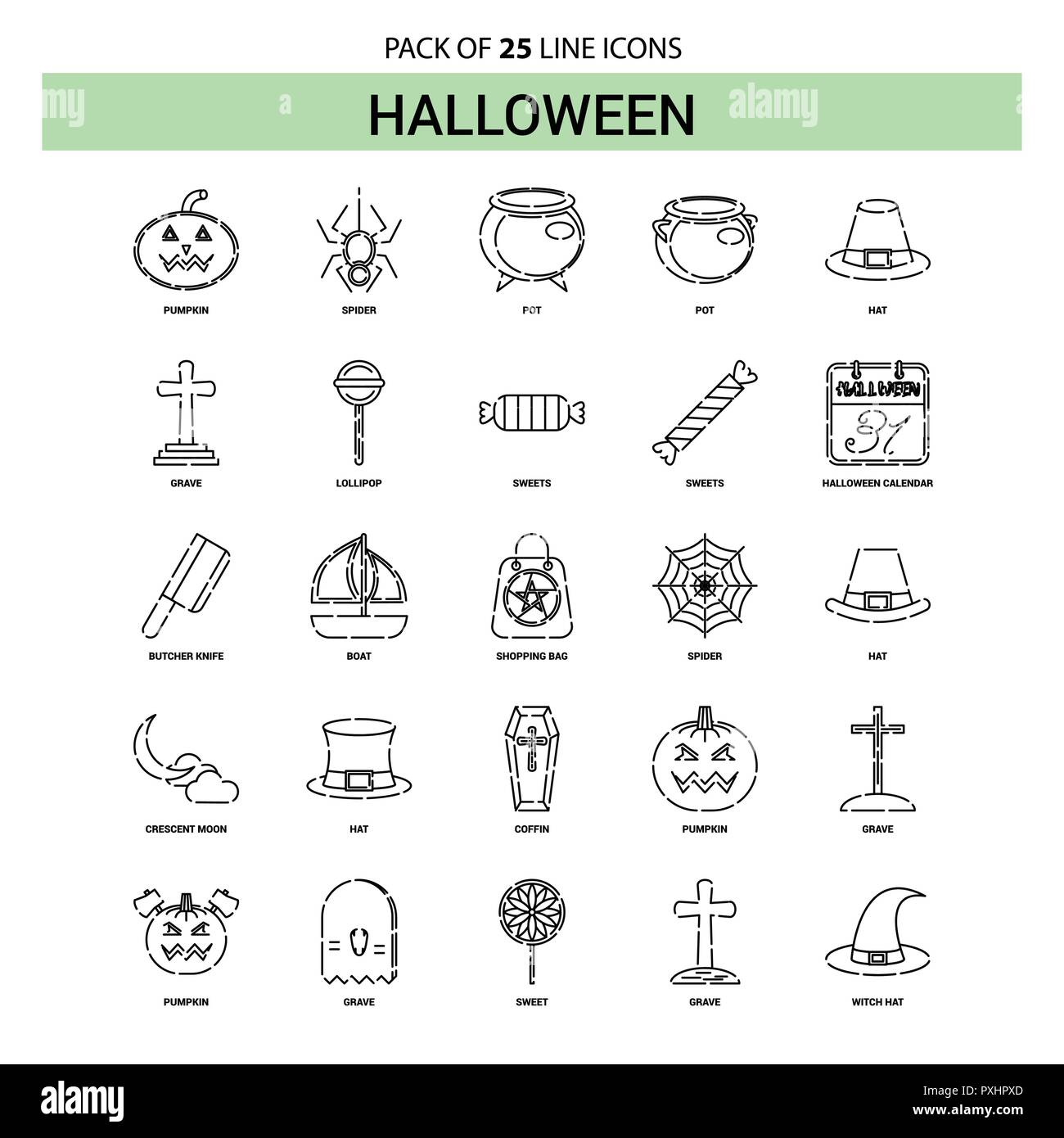 Halloween Line Icon Set - 25 Dashed Outline Style Stock Vector Image ...